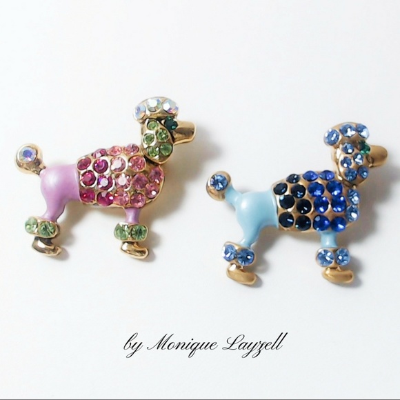 Jewelry | Mini Enamel Crystal Poodle Brooch Pink Or Blue | Poshmark